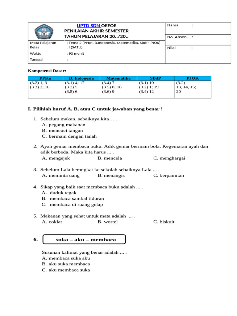 Soal PAS Kelas 1 Tema 2 | PDF