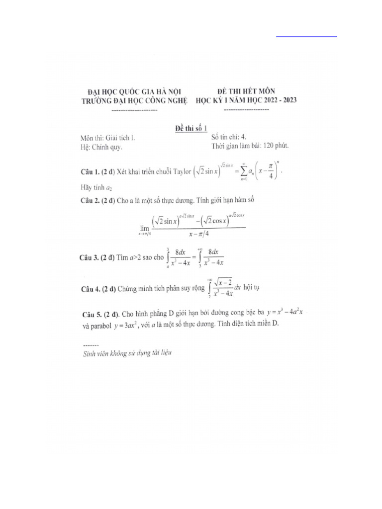 Đề Thi Giải Tích 1 Đề Số 1 Kỳ 1 Năm Học 2022-2023 - UET | PDF