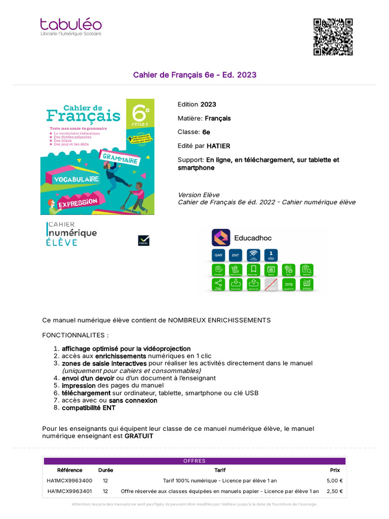 Cahier de Français 6e - Ed. 2023 - Catalogue Tabuléo | PDF