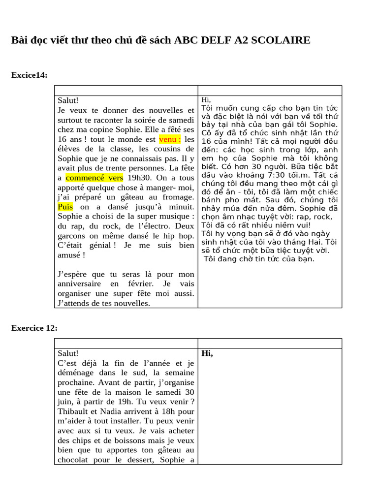 Bài đọc viết thư theo chủ đề sách ABC DELF A2 SCOLAIRE | PDF