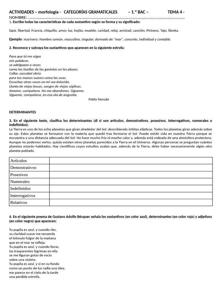 ACTIVIDADES CATEGORÍAS GRAMATICALES (Plazo Entrega 15 Diciembre) | PDF