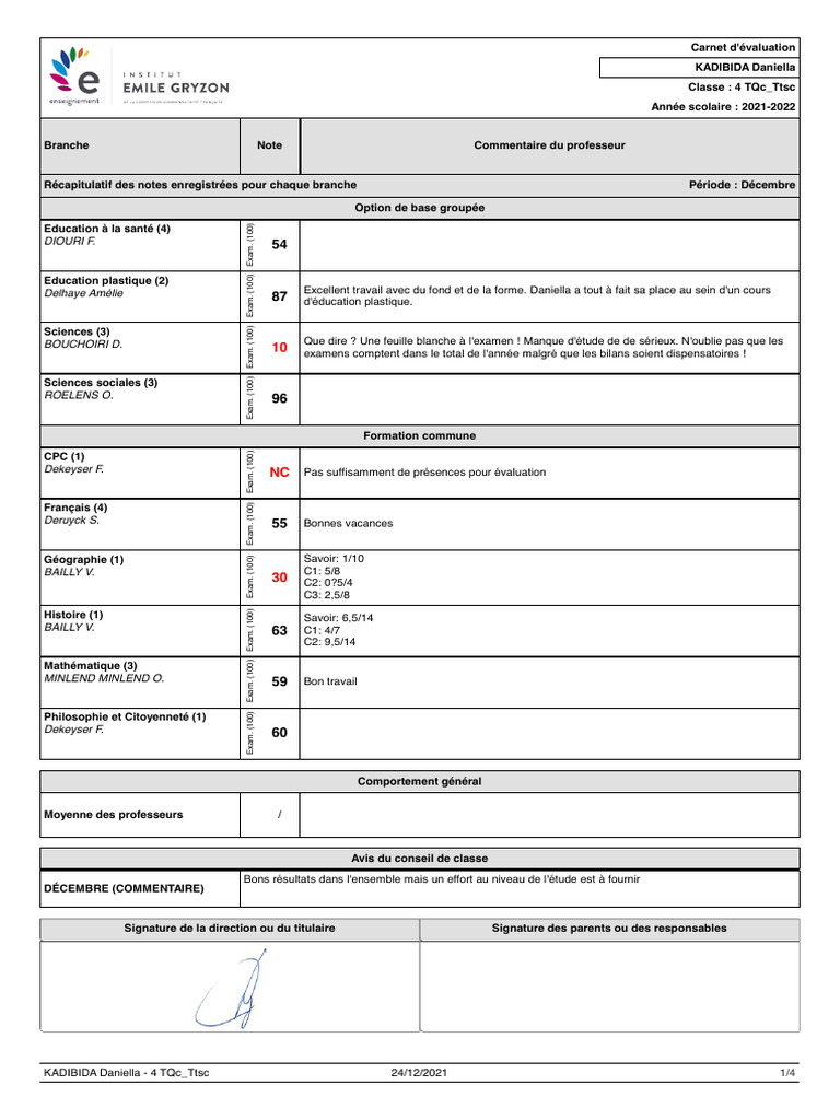 Bulletin 4e Secondaire | PDF
