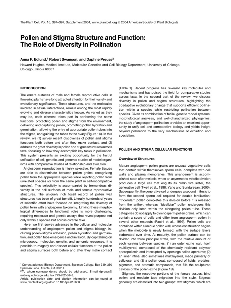 Pollen and Stigma Structure and Function: The Role of Diversity in ...