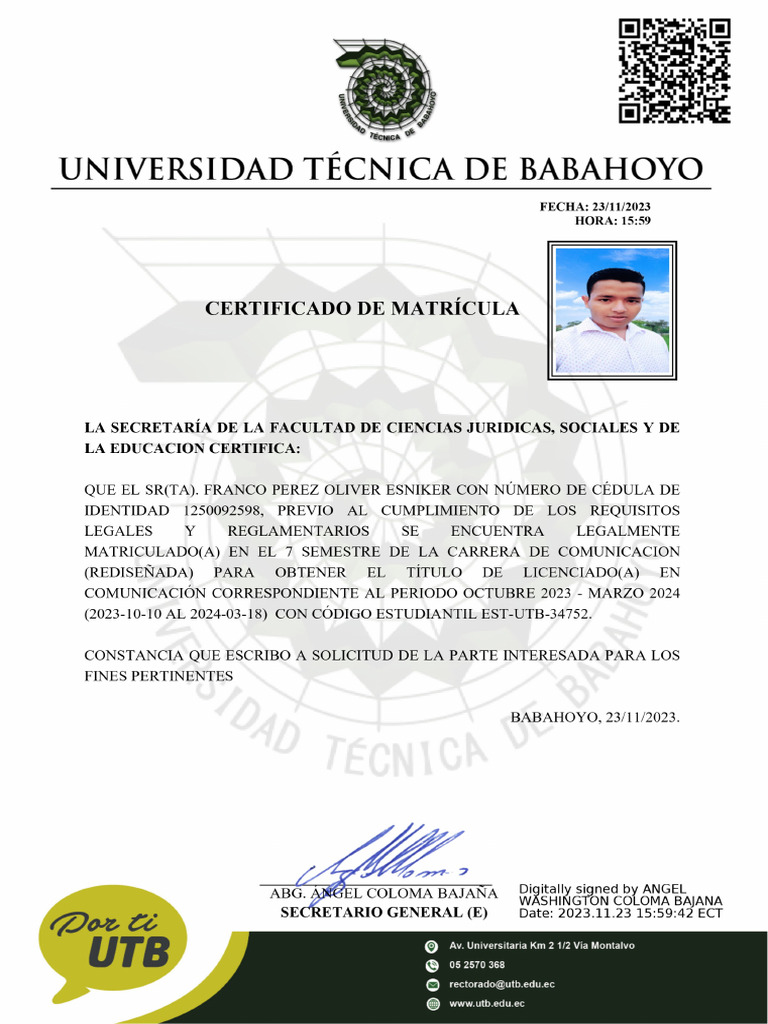 Certificado de Matricula OCTUBRE 2023 - MARZO 2024 | PDF