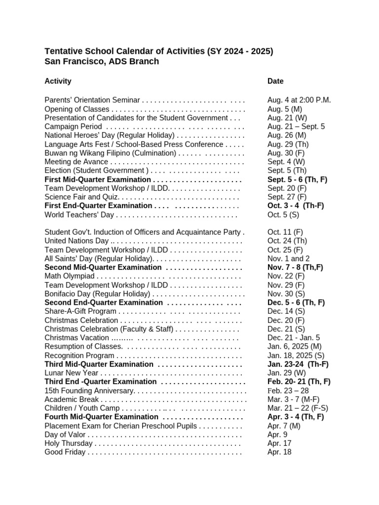 Tentative School Calendar of Activities | PDF