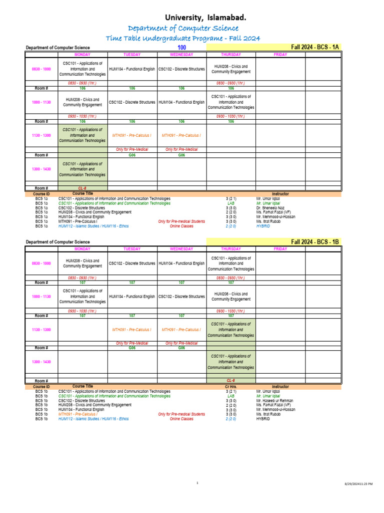 Time Table - Computer Science - Fall 2024 | PDF