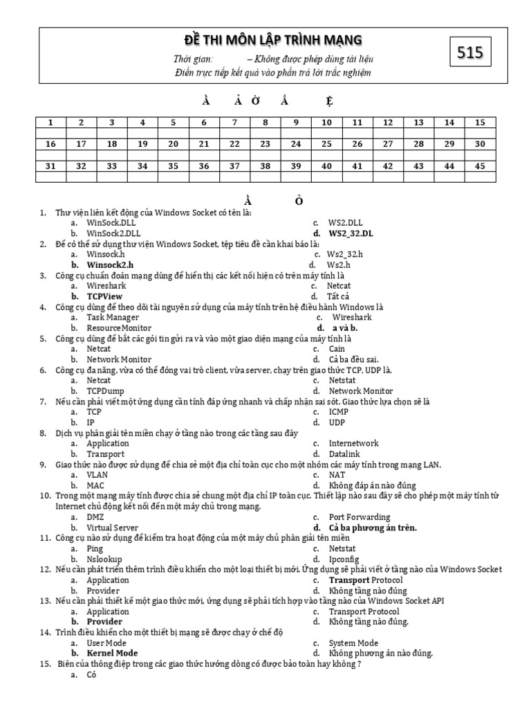 De Thi Cuoi Ky Mon Lap Trinh Mang Dai Hoc Bach Khoa Ha Noi 71949 | PDF