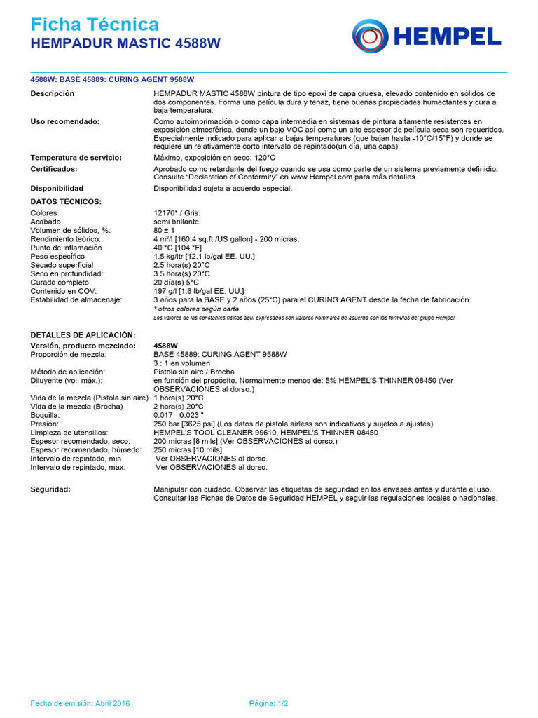1.11 Ficha Tecnica HEMPADUR MASTIC 4588W | PDF
