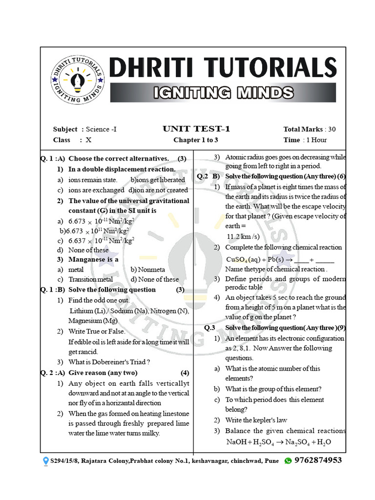 10th Unit Test-Science | PDF