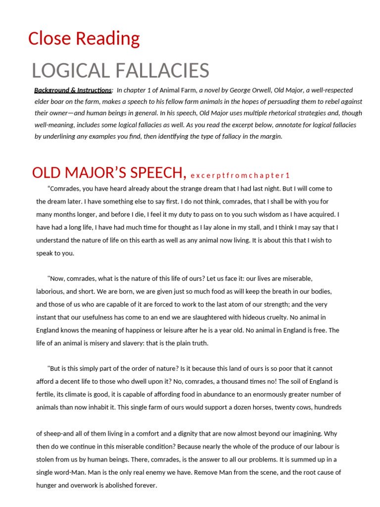 Old Major's Speech Assignment | PDF