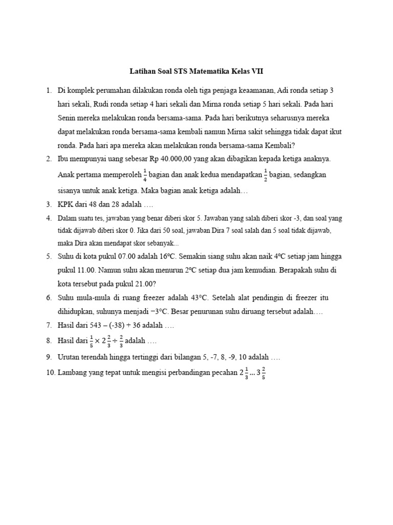 Latihan Soal Sts Matematika Kelas 7 | PDF | Game & Aktivitas | Metode & Bahan Ajar