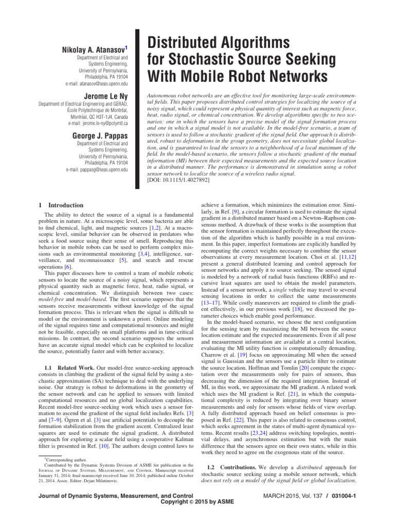 Distributed Algorithms For Stochastic Source Seeking With Mobile Robot Networks Pdf Applied