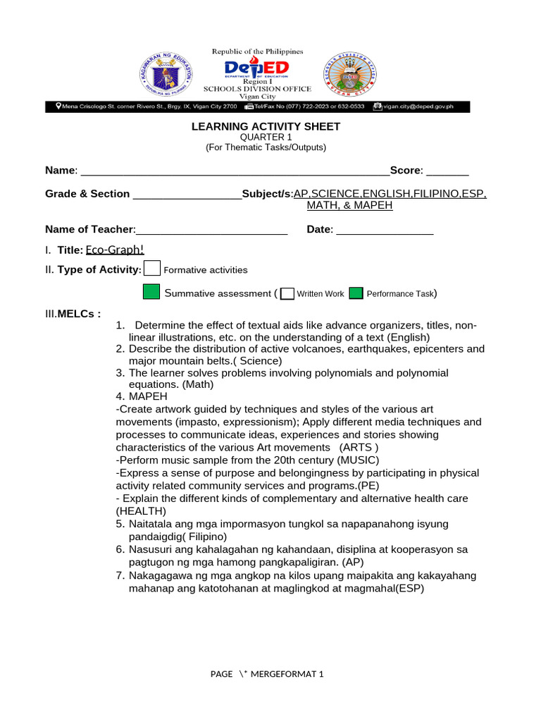 Grade 10LASQ1 ThematicAssessmentAll Subjects Except TLE 1 | PDF