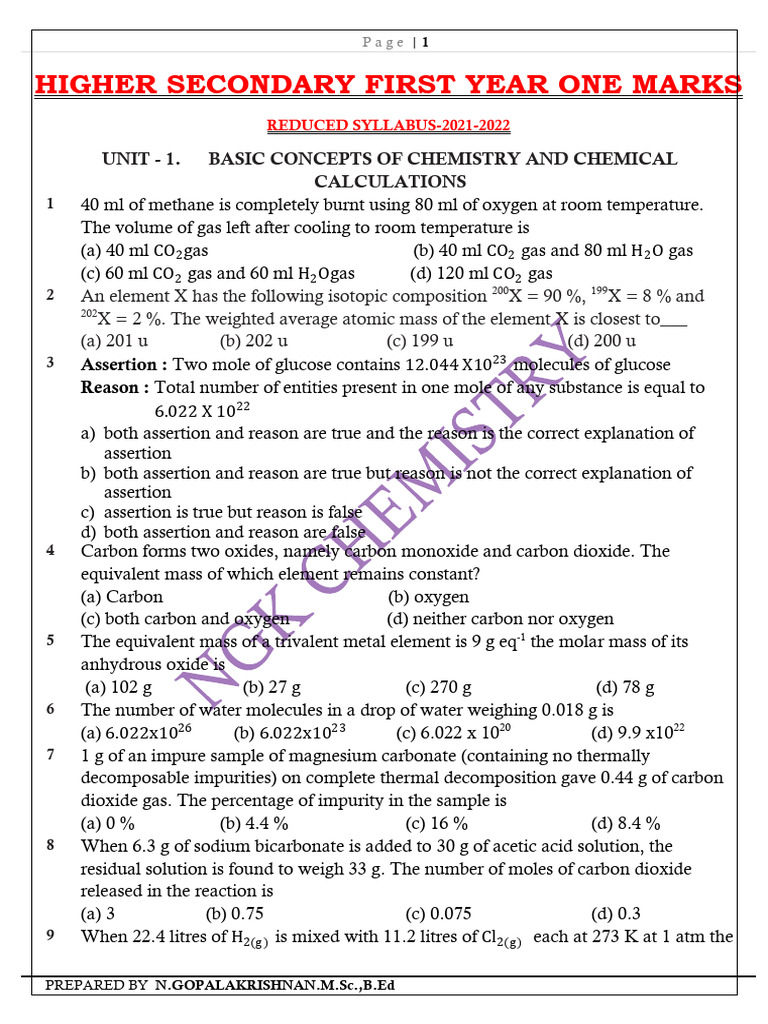 11th Chemistry One Marks Study Materials English Medium PDF Download | PDF