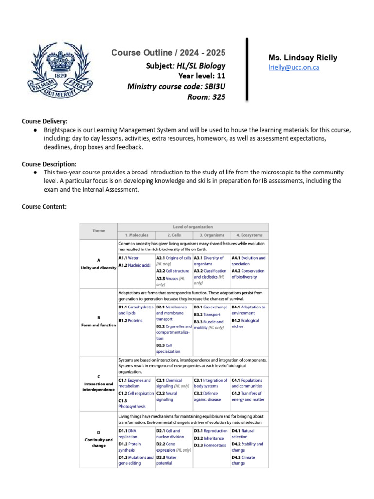 Y11 HL - SL DP Biology Course Outline 2024-2025 | PDF