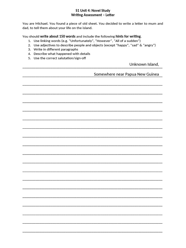 S1 Unit 4 - Letter (Writing Assessment) | PDF