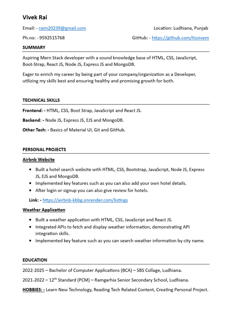 Aspiring Mern Stack Developer Resume | PDF