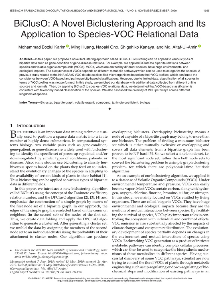 BiClusO A Novel Biclustering Approach and Its Application To Species-VOC Relational Data | PDF