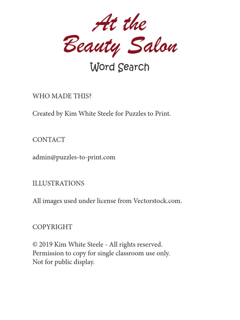 Beauty Salon Word Search | PDF | Word Search | Copyright Law
