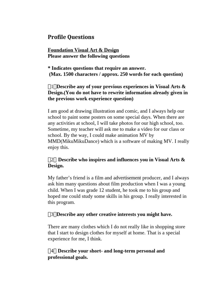 Visual Arts & Design Profile Questions | PDF | Career & Growth | Art