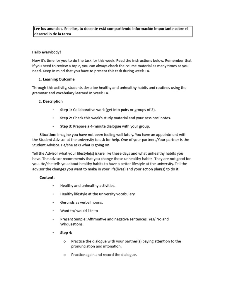 Week 14 - Instructions - Task - Staying Healthy! | PDF