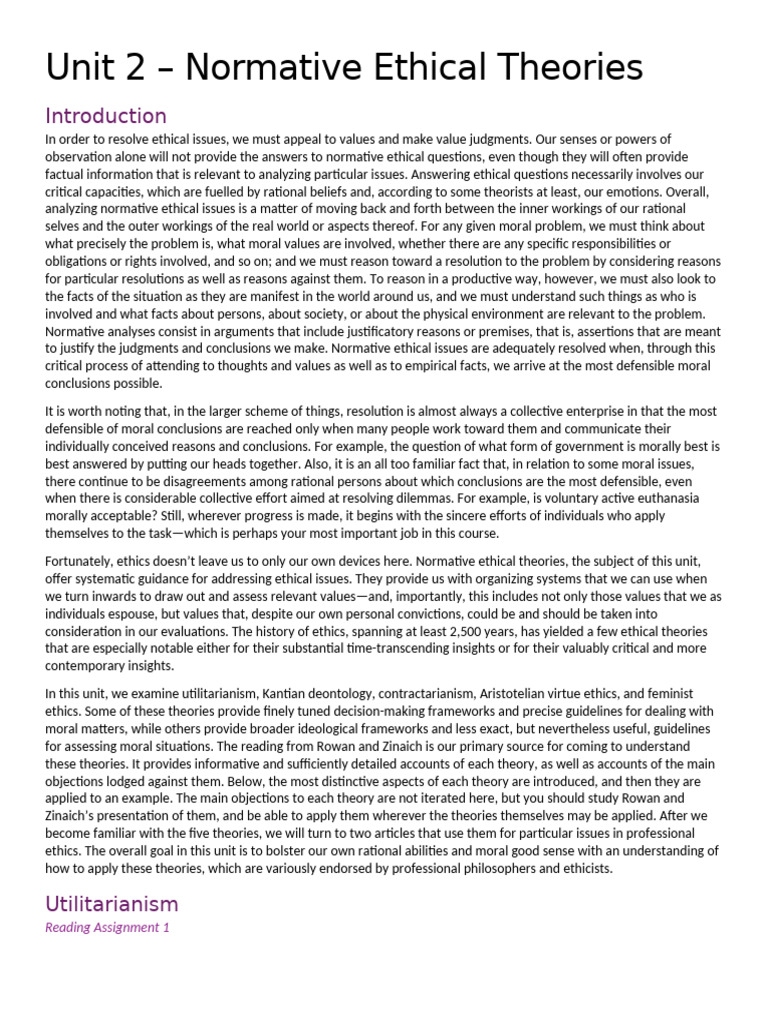 PHIL 333 - Unit 2 - Normative Ethical Theories | PDF