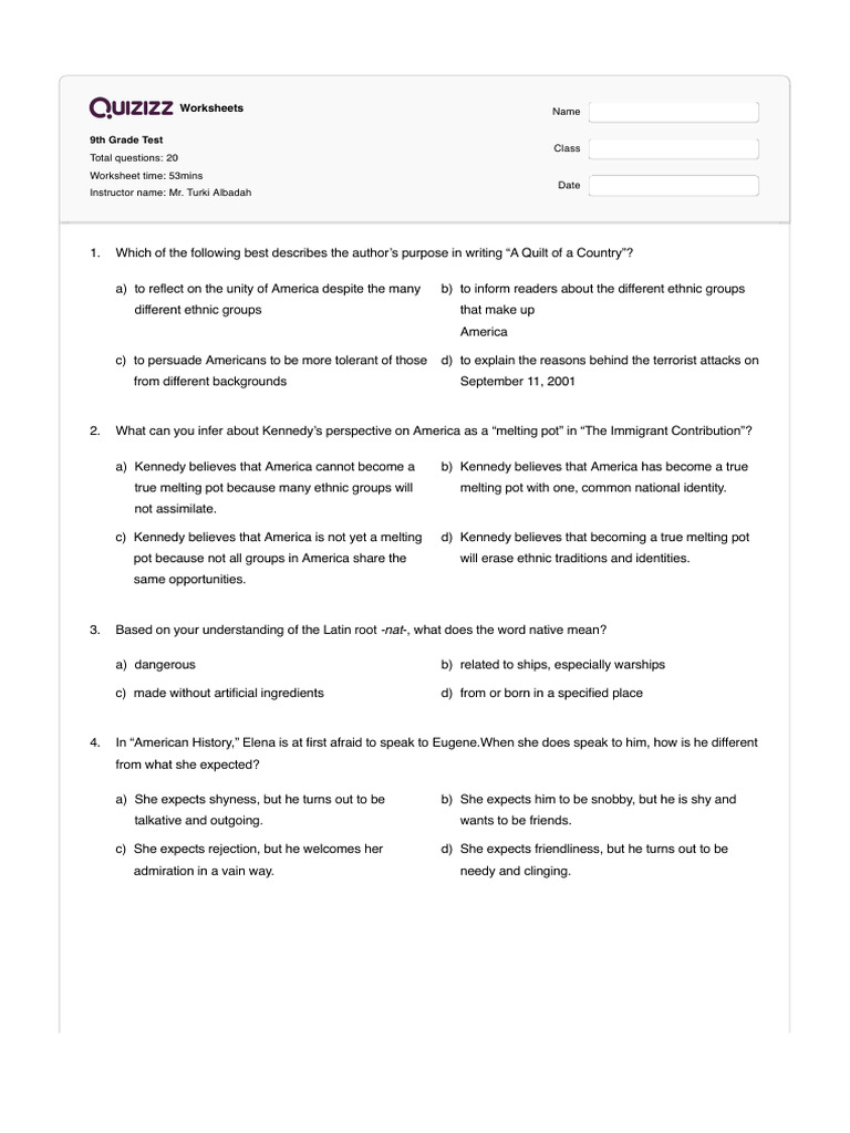 9th Grade Test - Quizizz | PDF