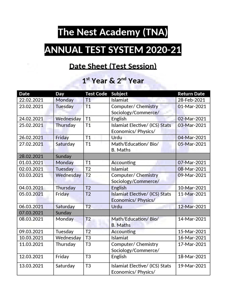 First Year Test Schedule 2020-21 | PDF