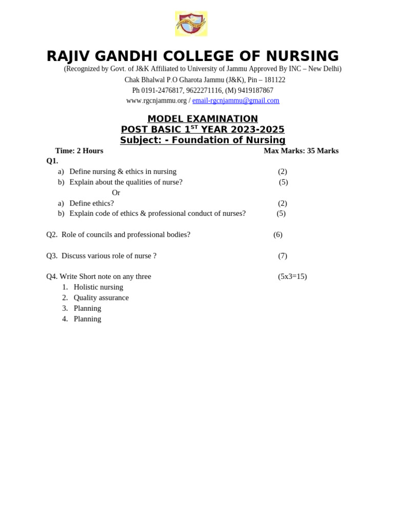 Post Basic Nursing Exam Model 2023 | PDF | Nursing | Social Programs