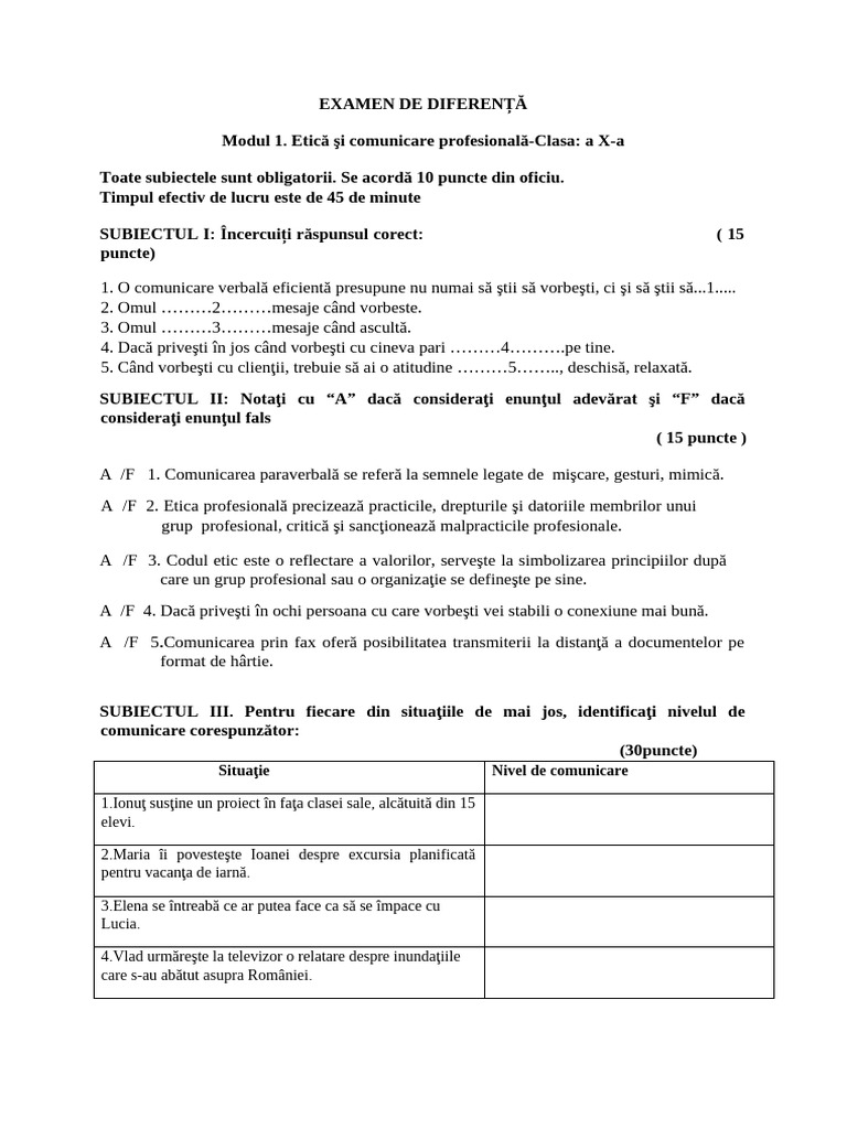 Examen de Diferenta ECP Cls X | PDF