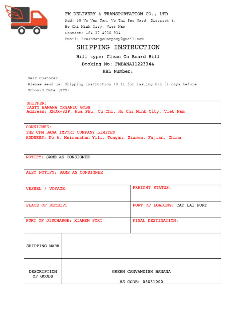 Shipping Instruction - Banana | PDF