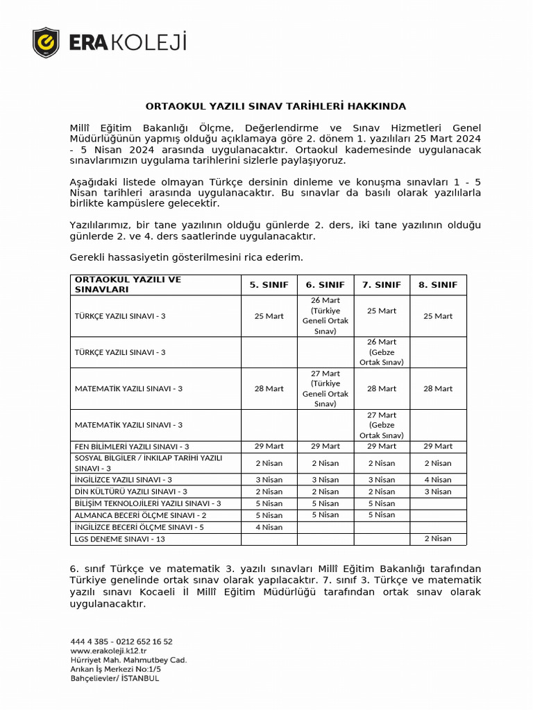 Ortaokul Ve Li̇se Yazili Sinav Bi̇lgi̇lendi̇rme 2. Dönem 1. Yazili | PDF