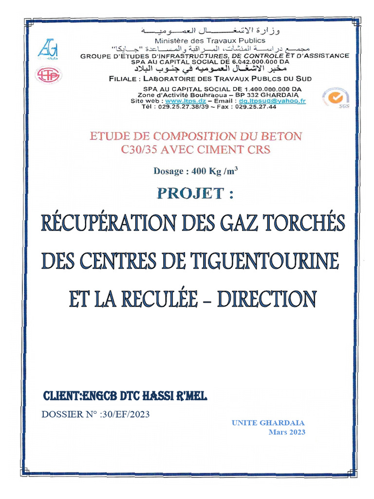ETUDE DE COMPOSITION DU BETON C30-35 AVEC CIMENT CRS Viscocrete 464 Dosage 400kg | PDF