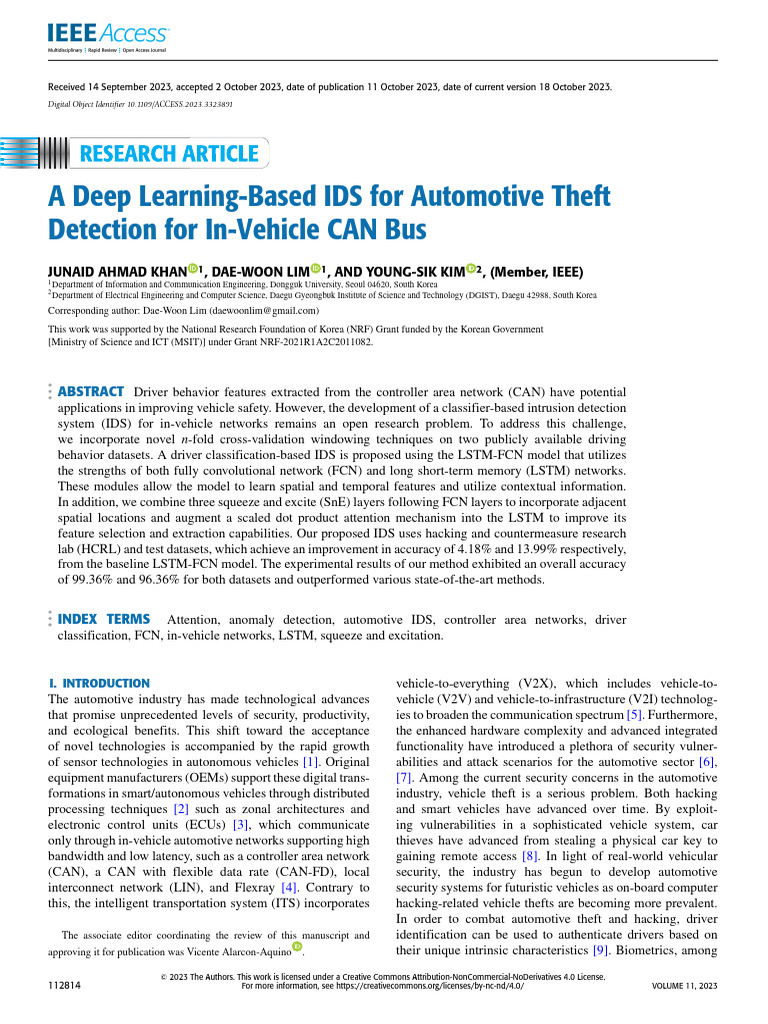 A Deep Learning Based Ids For Automotive Theft Detection For In Vehicle Can Bus Pdf