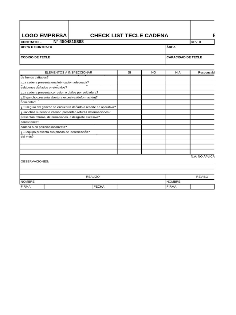 Check List Tecle Cadena Y Tecle Palanca | PDF