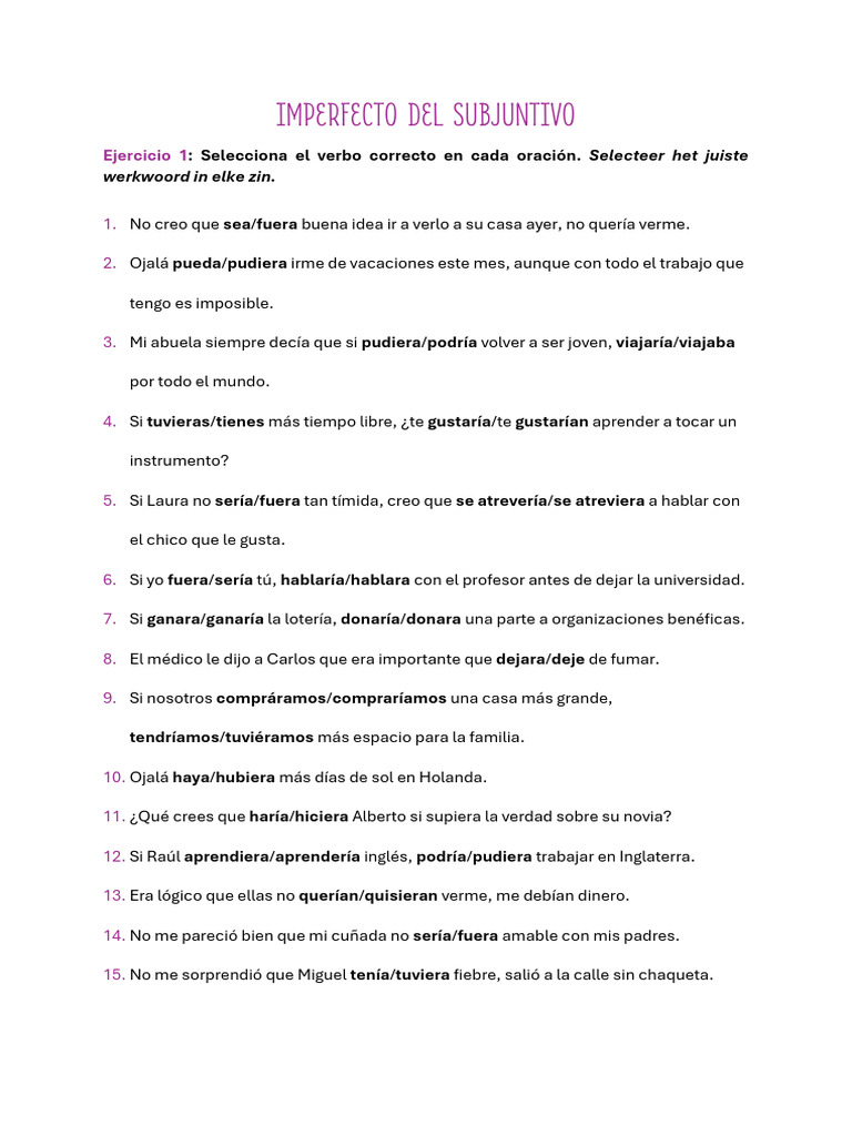 IMPERFECTO DEL SUBJUNTIVO - Ejercicio Extra | PDF