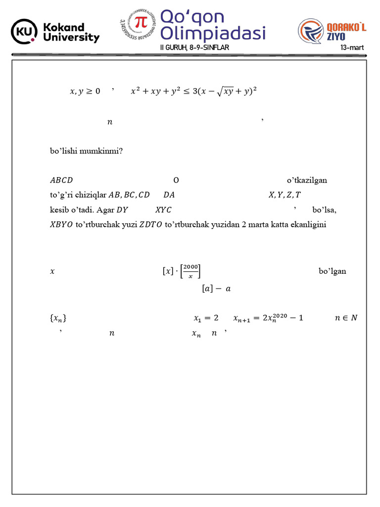 8,9-Sinf Yozma Ish Savollari UZB | PDF
