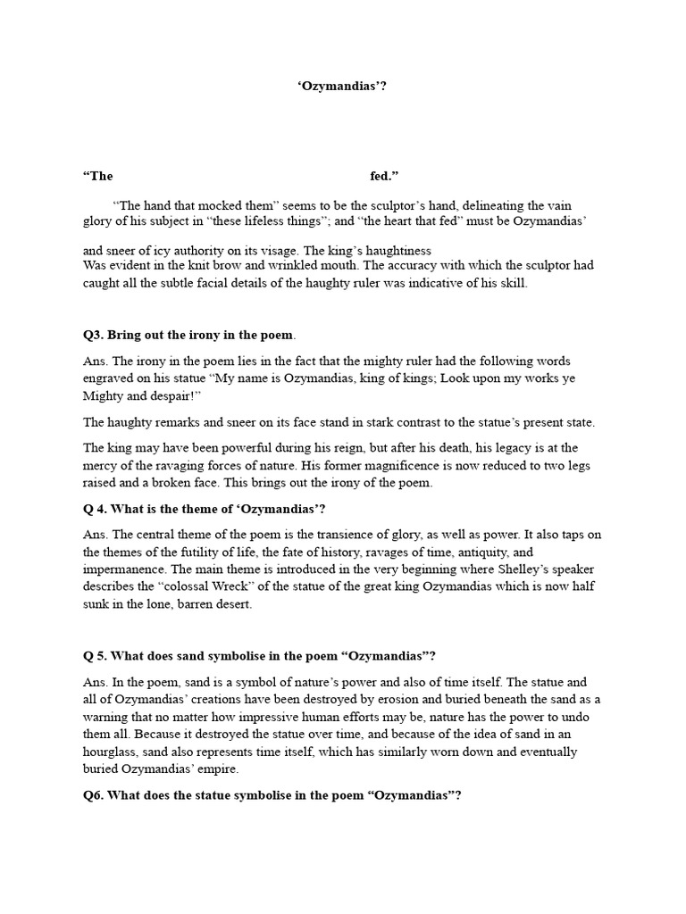 Class 10 Ozymandias Extra Questions | PDF