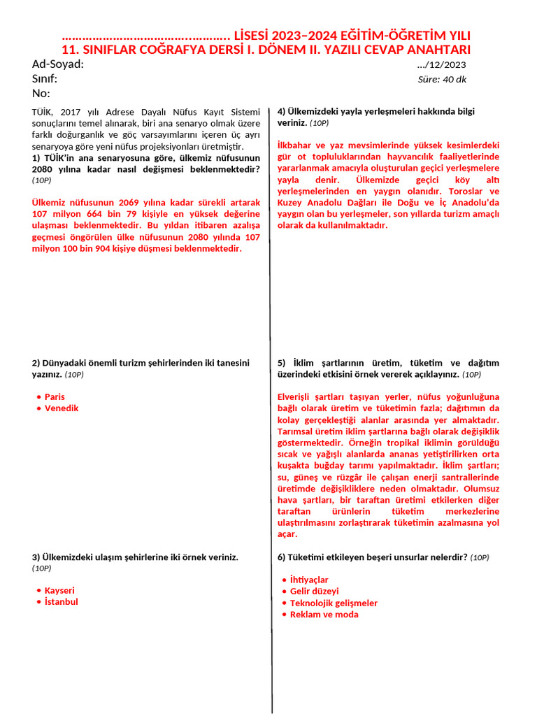 11 Sinif 1 Donem 2 Yazili Cevap Anahtari 2023 2024 | PDF