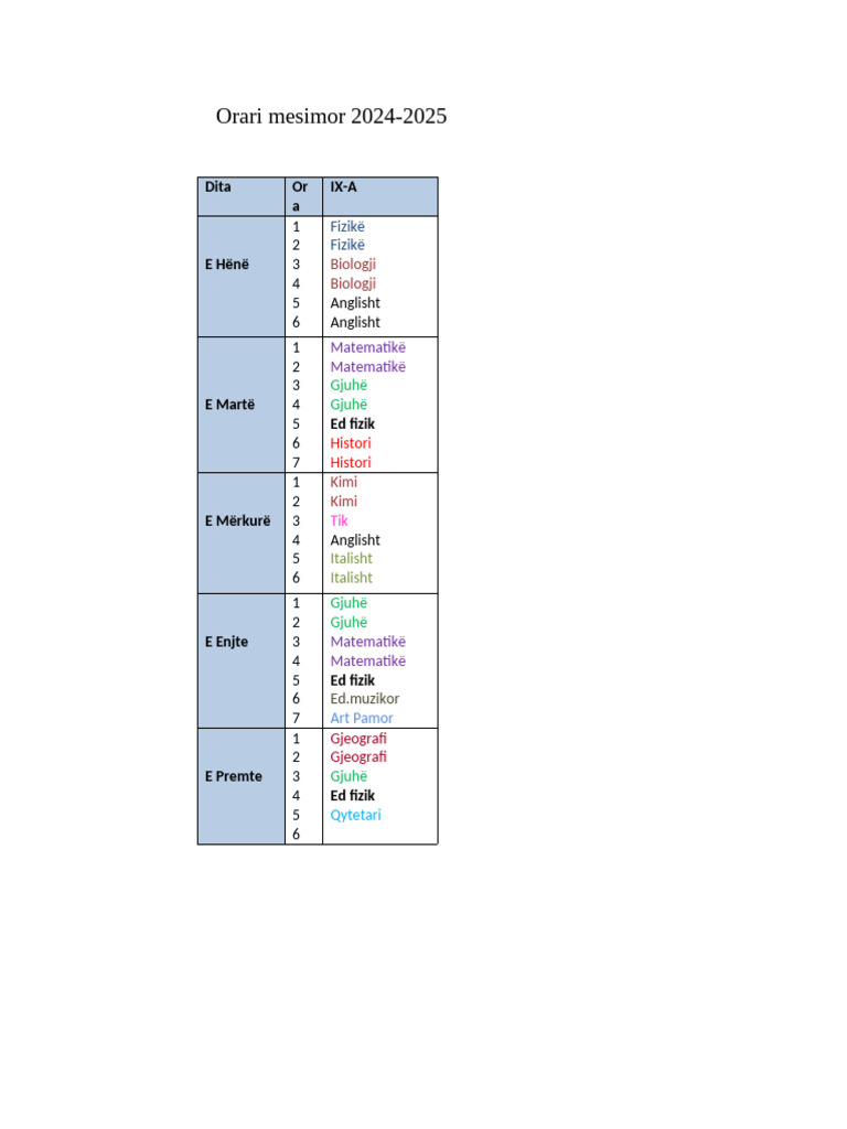 Orari Klasa 9-A | PDF