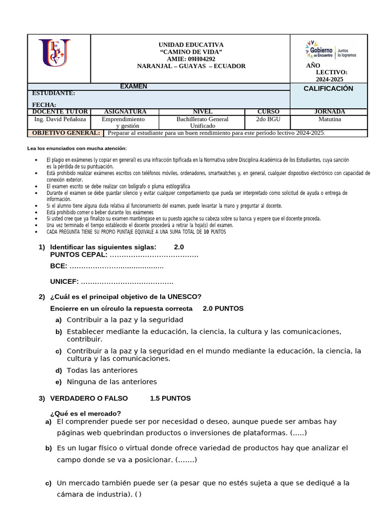 EXAMEN DE GESTION Y EMPRENDIMIENTO 2DO BGU | PDF