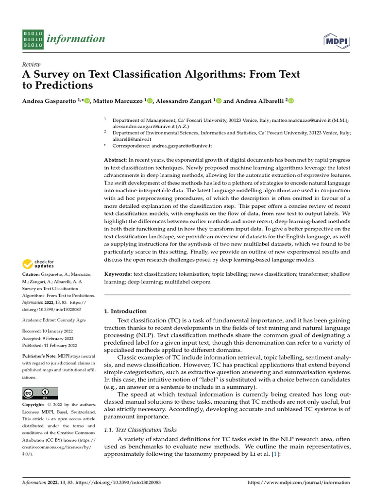 A Survey On Text Classification Algorithms: From Text To Predictions | PDF