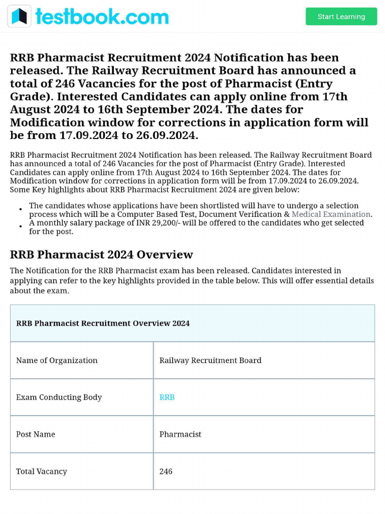RRB Pharmacist Recruitment 2024exam Info | PDF