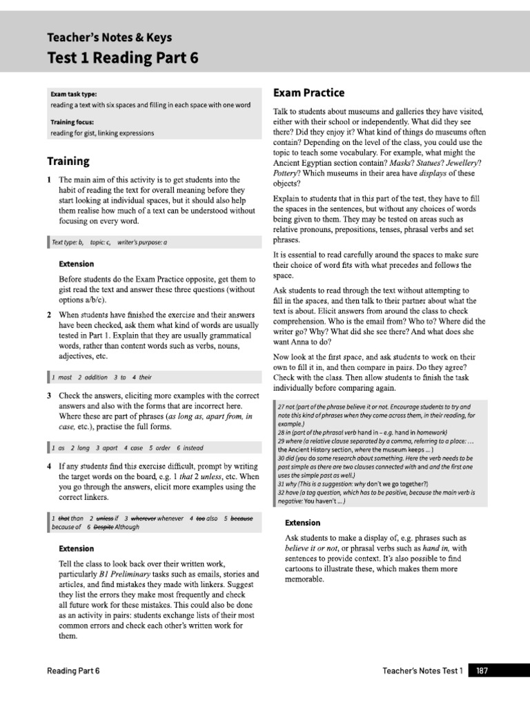 Answer Key Test 1 Reading Part 6 | PDF