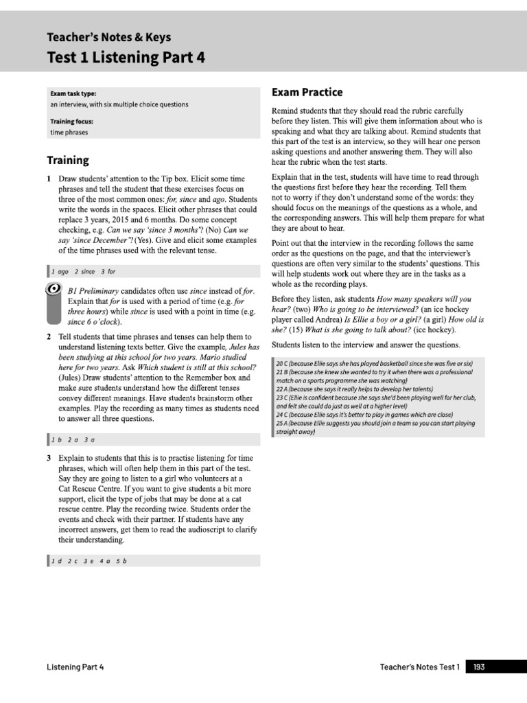 Answer Key Test 1 Listening Part 4 | PDF
