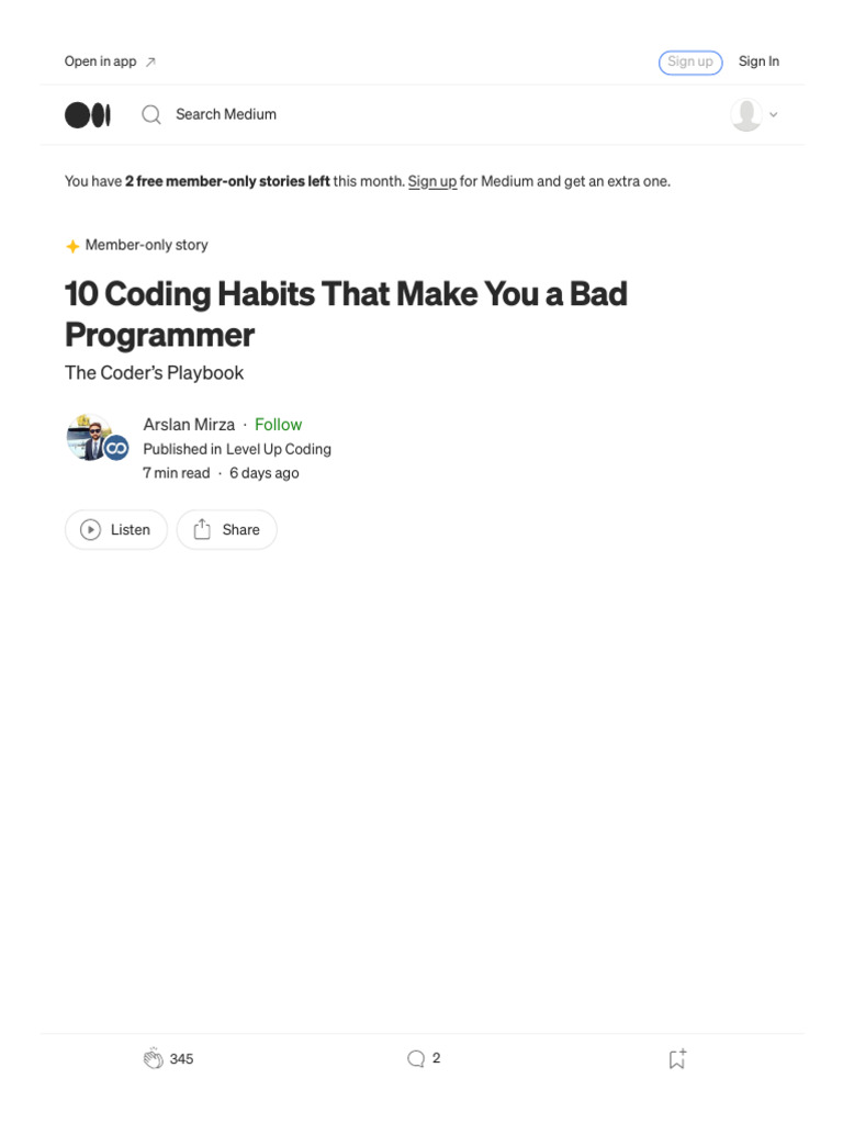 10 Coding Habits That Make You A Bad Programmer - by Arslan Mirza - Medium - Level Up Coding | PDF