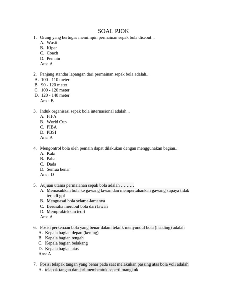 Soal pjok 2023 sm 1 | PDF