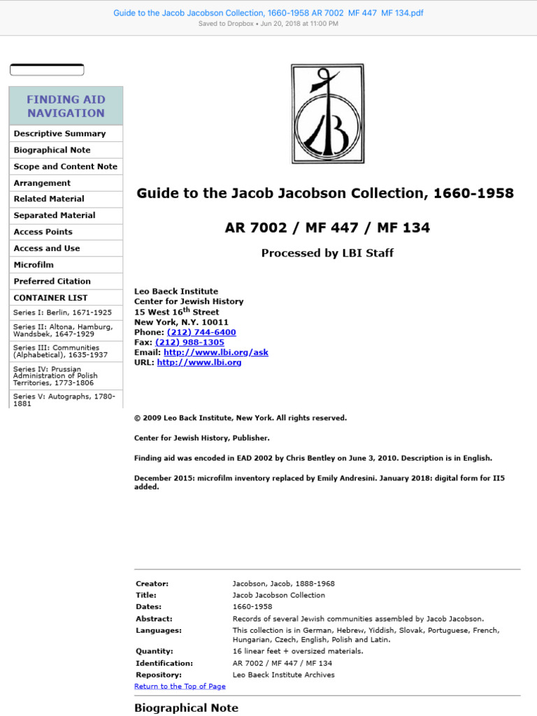 Guide To The Jacob Jacobson Collection, 1660-1958 AR 7002 MF 447 MF 134 ...