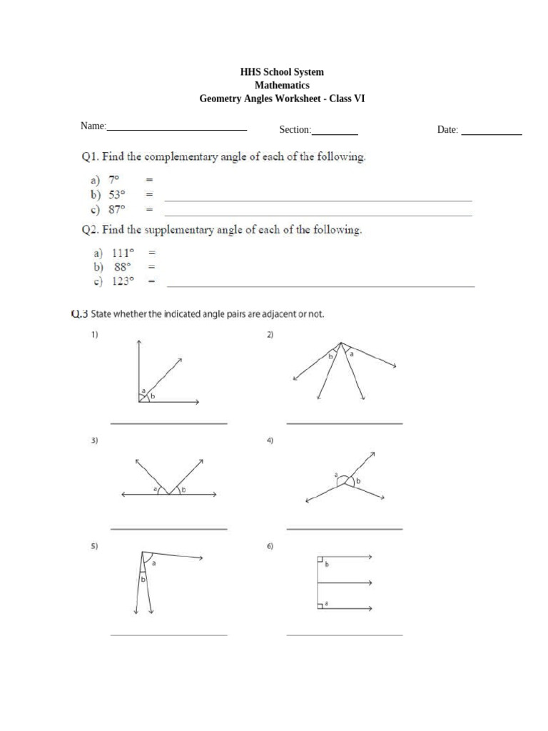 Geometry Angles Worksheet - Class VI | PDF