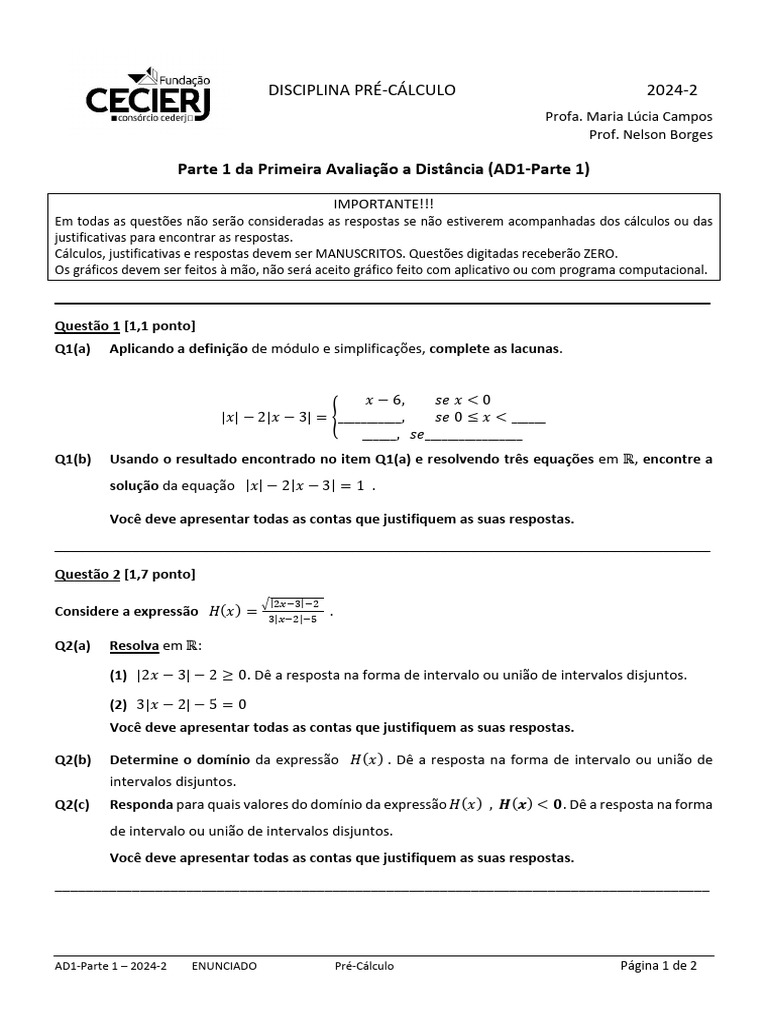 Ad1 - Parte 1 Pré-Cálculo | PDF